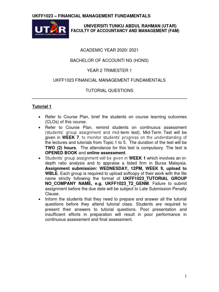 Tutorial Questions on Financial Management Fundamentals: An ...