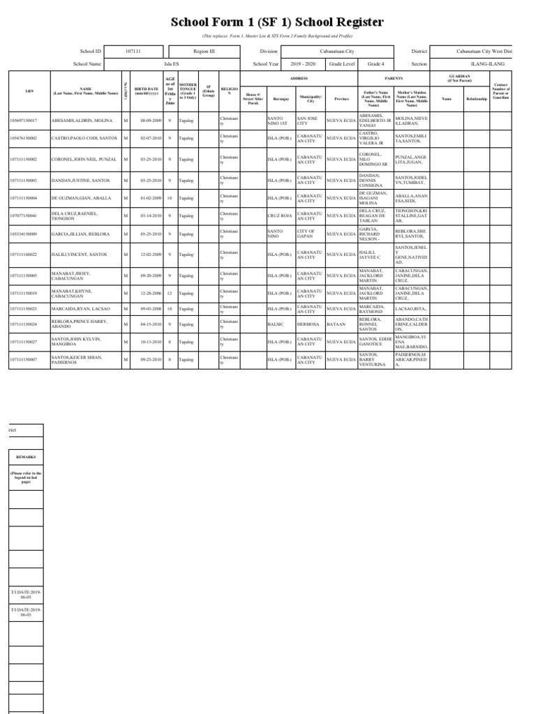 School Form 1 (SF 1) School Register | PDF | Symbols | Human Communication