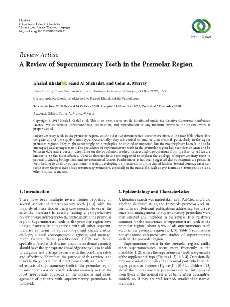 Review Article: A Review of Supernumerary Teeth in The Premolar Region ...