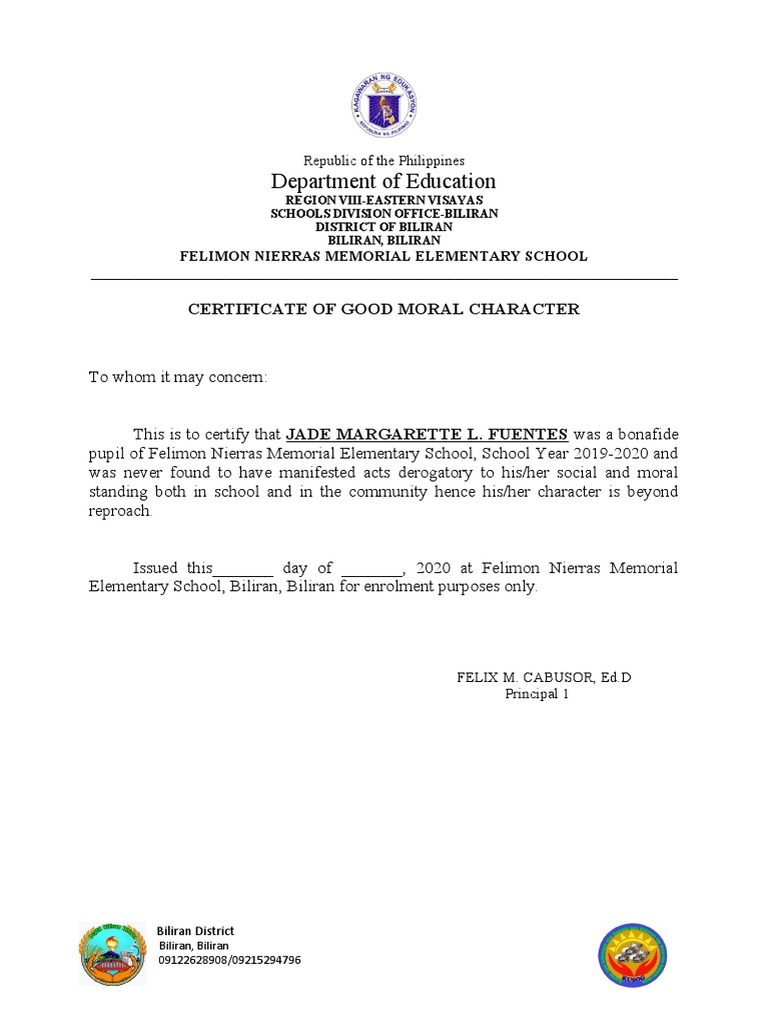 Department of Education: Certificate of Good Moral Character | PDF