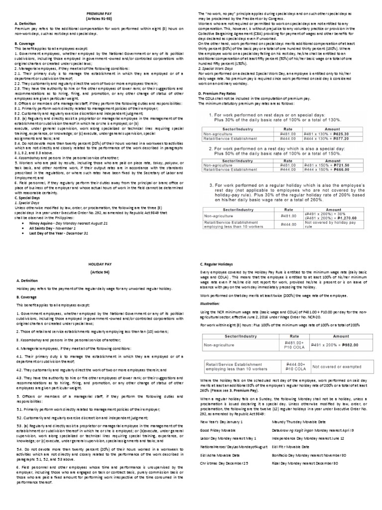 Premium Pay (Articles 91-93) A. Definition: 2. Special Work Days | PDF ...