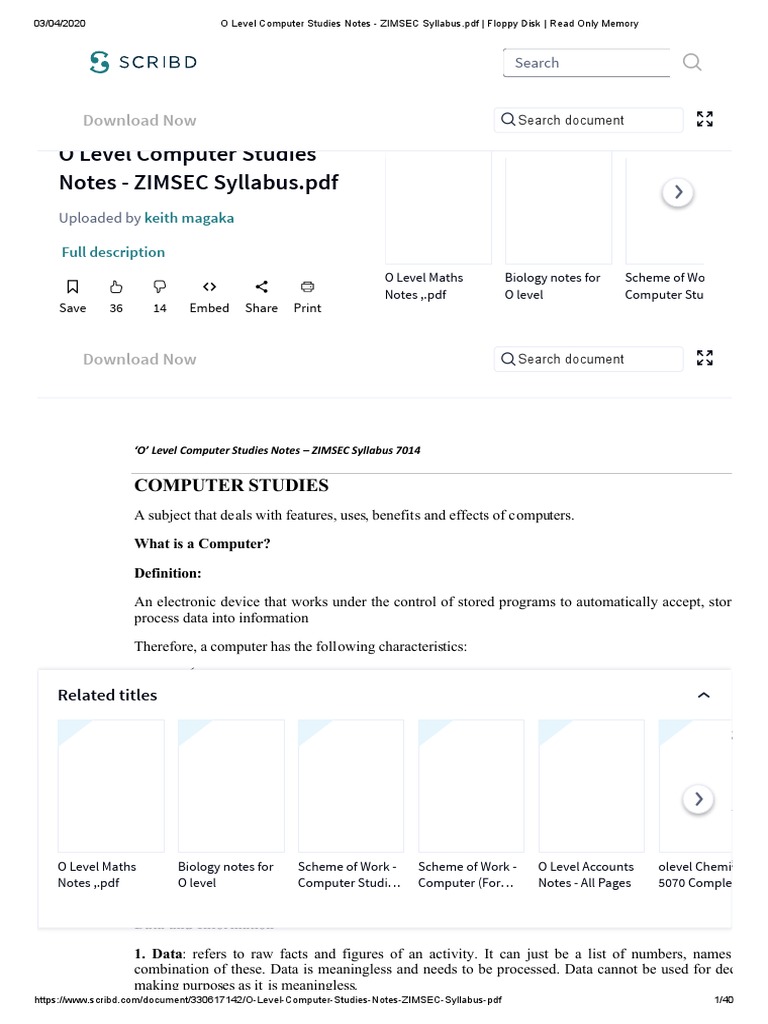 O Level Computer Studies Notes - ZIMSEC Syllabus - PDF - Floppy Disk ...