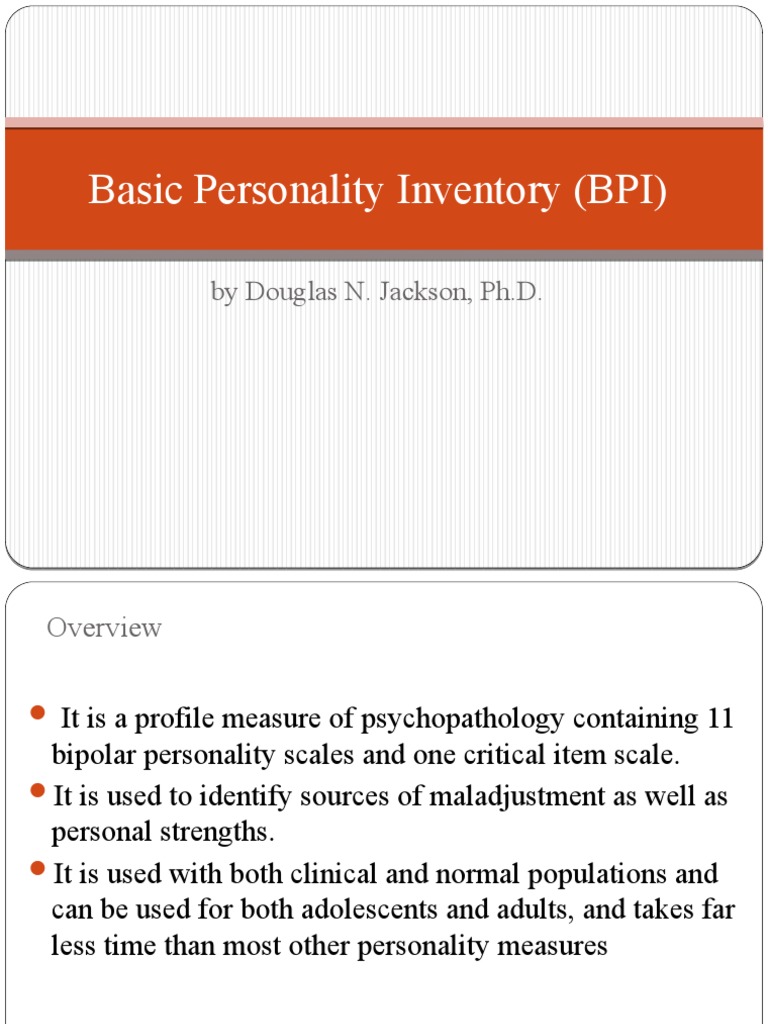 Basic Personality Inventory (BPI) : by Douglas N. Jackson, PH.D | PDF ...