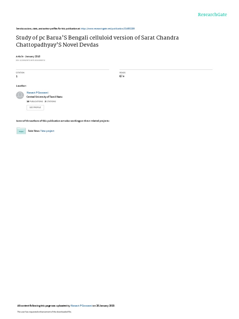 Study of PC Barua'S Bengali Celluloid Version of Sarat Chandra ...