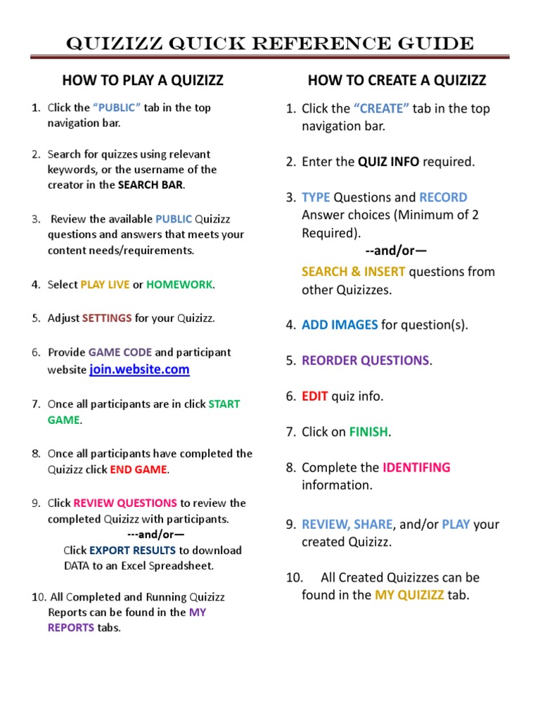 Quizizz Quick Reference Guide Pdf Pdf