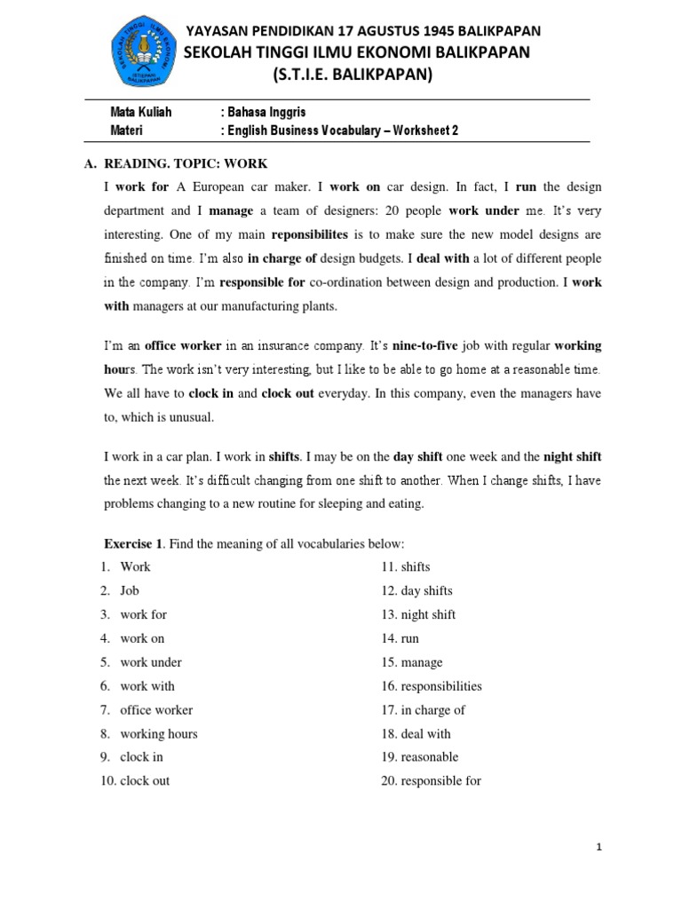 Bahasa Inggris - Worksheet 2 2019 | PDF | Expense | Money