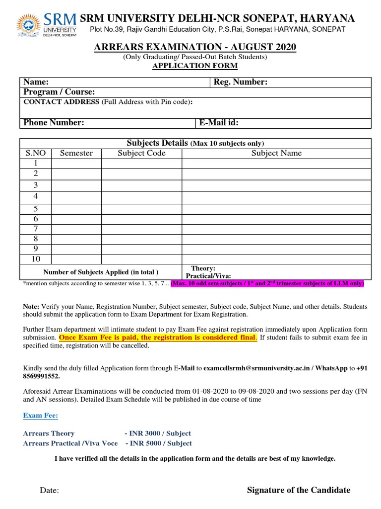SRM University Delhi-Ncr Sonepat, Haryana: Arrears Examination - August 2020 | PDF