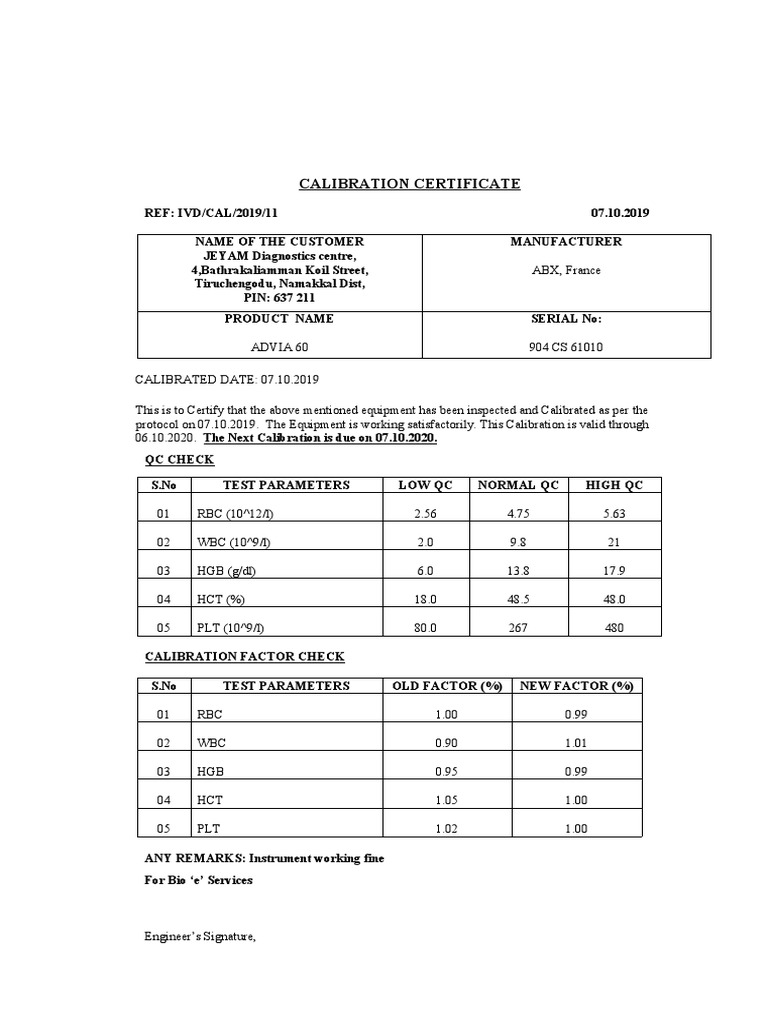 Calibration Certificate of ADVIA 60 JEYAM | PDF