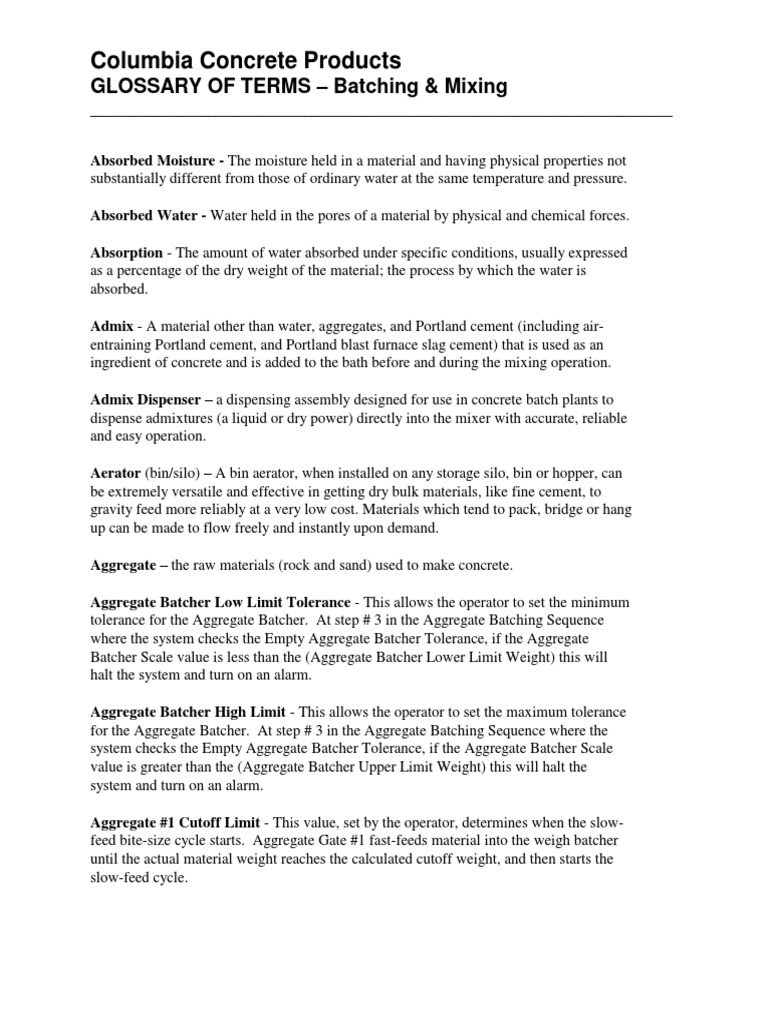 Columbia Concrete Products: Glossary of Terms - Batching & Mixing | PDF ...