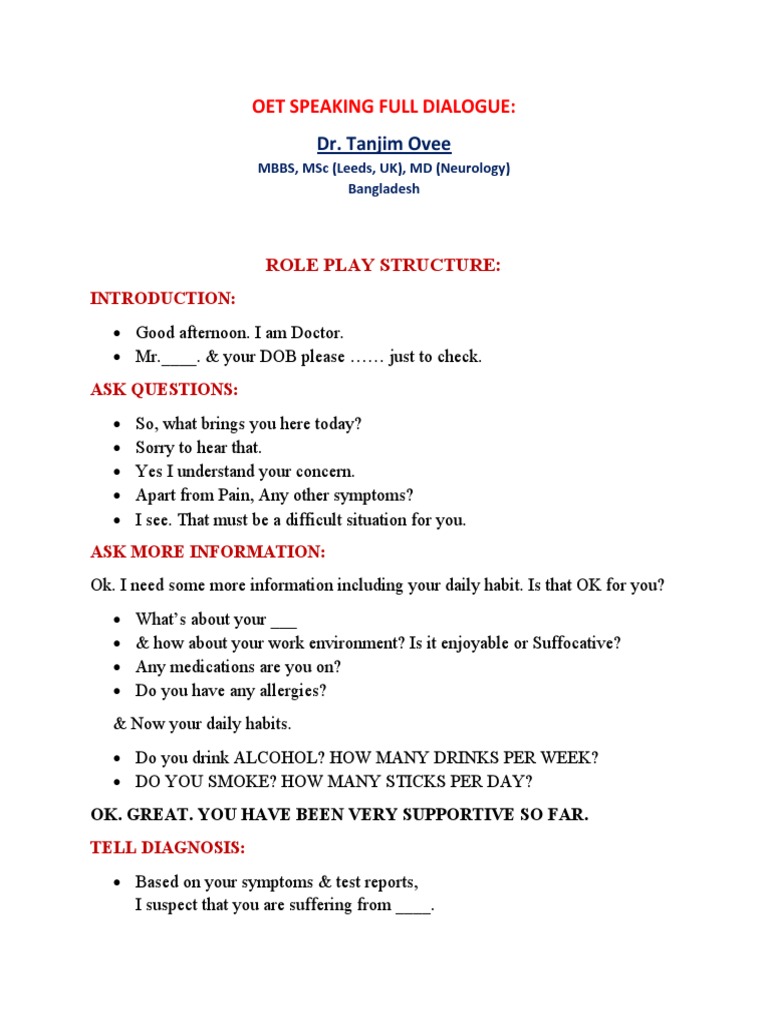 OET SPEAKING FULL DIALOGUE Dr. Tanjim OVEE | PDF