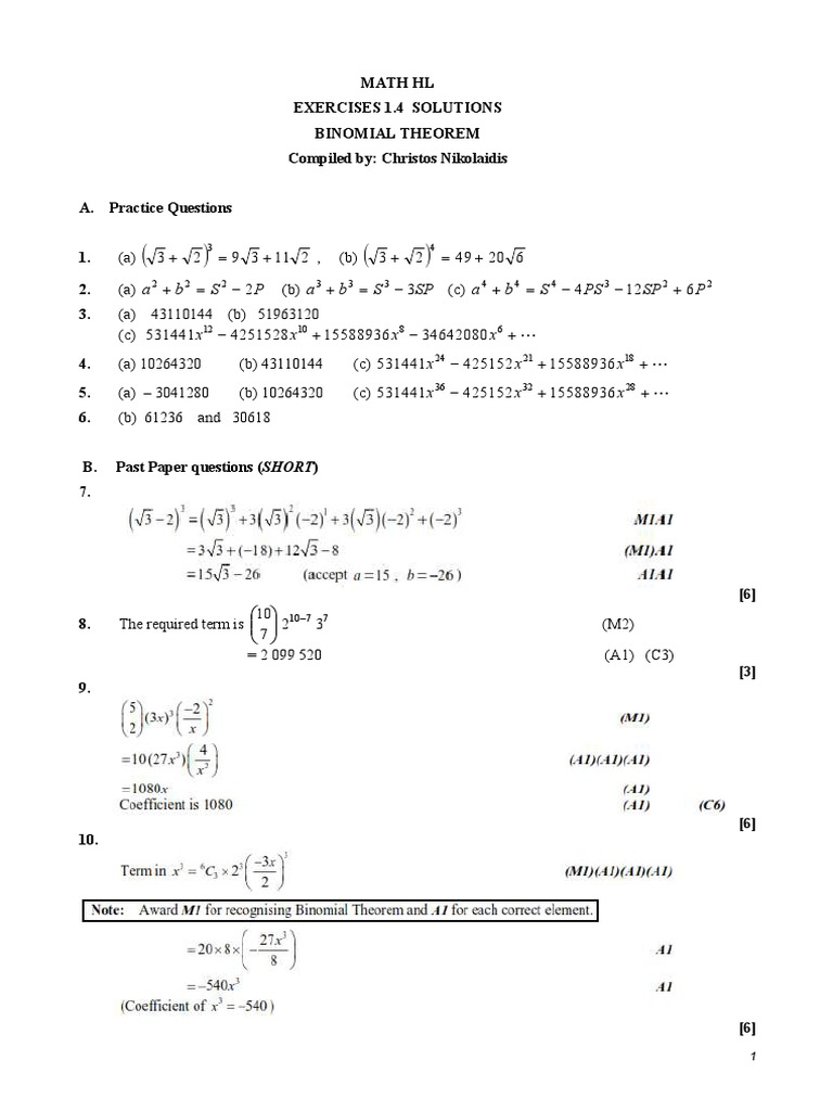 HL 1.4 BINOMIAL THEOREM - Solutions PDF | PDF | Algebra | Teaching ...