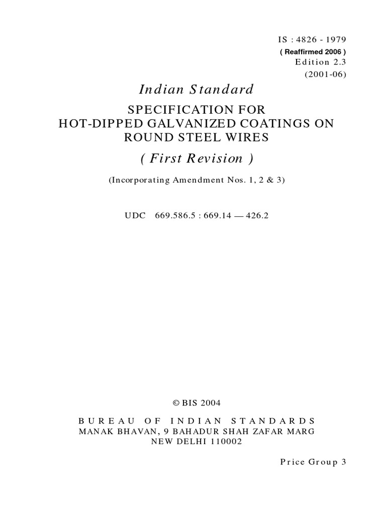 Indian Standard: Specification For Hot-Dipped Galvanized Coatings On Round Steel Wires | PDF ...