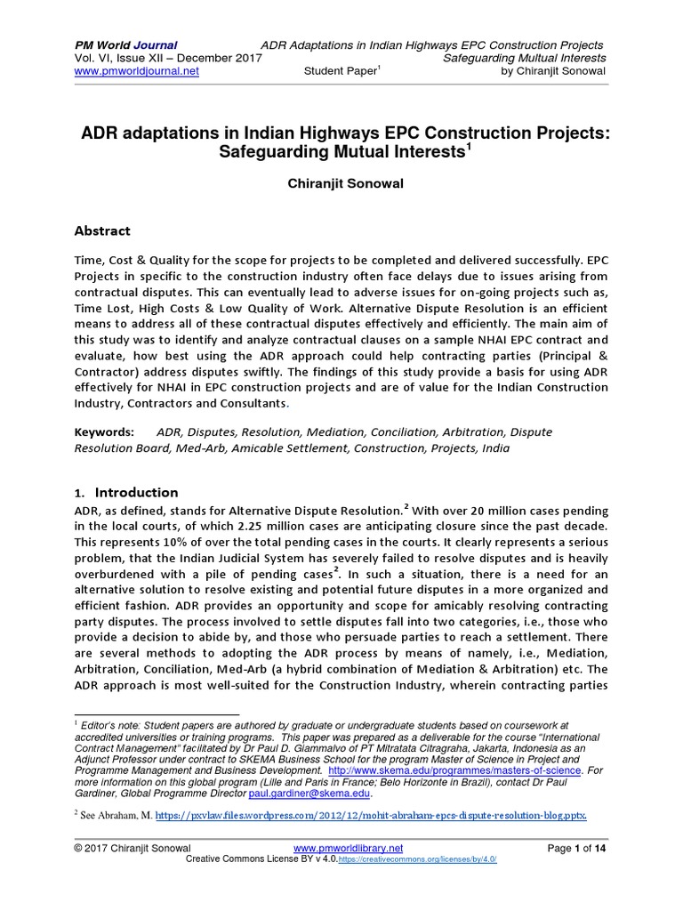 Adr Adaptations in Indian Highways Projects | PDF | Alternative Dispute ...