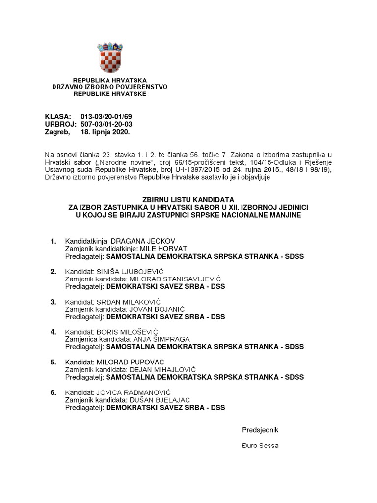 Zbirna Lista Kandidata Za Izbor Zastupnika U Hrvatski Sabor U Xii ...