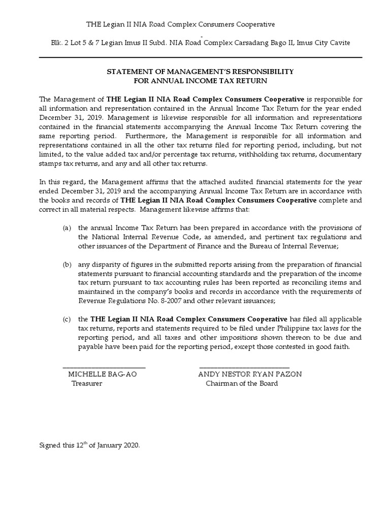 Statement of Management'S Responsibility For Annual Income Tax Return ...