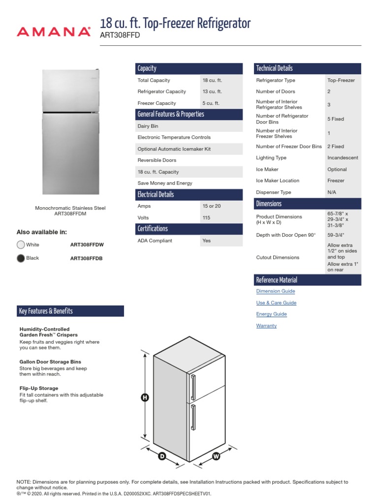 AMANA Specification-Sheet-Art308ffdspecsheetv01 | PDF | Refrigerator ...