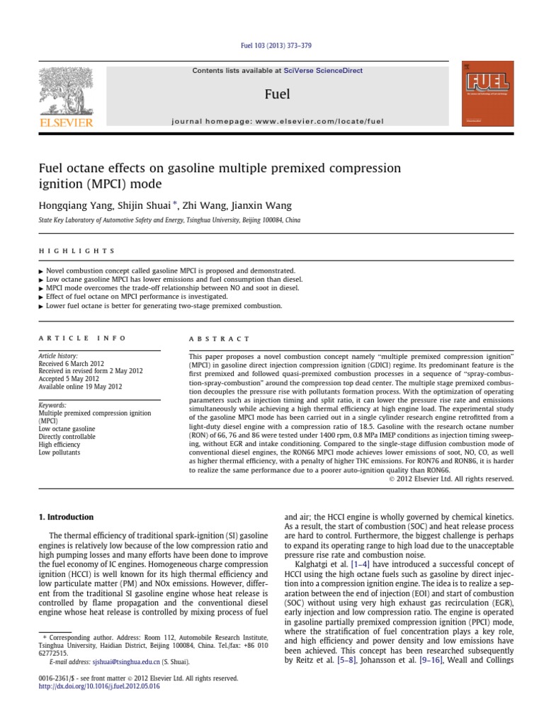 Fuel Octane Effects On Gasoline Multiple Premixed Compression Ignition (MPCI) Mode | PDF ...