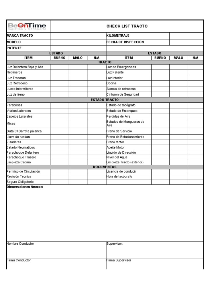 Check List - Tracto-Rampla | PDF | Vehículos de ruedas | Tecnologías ...