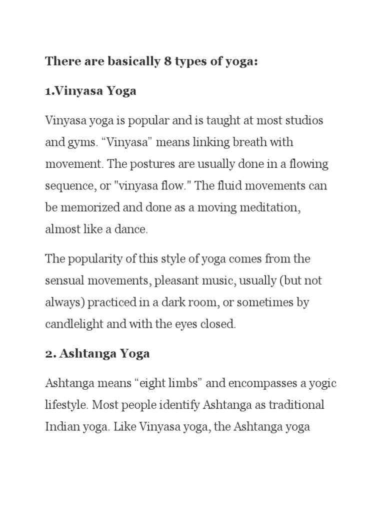 Eight Types of Yoga Explained | PDF | Ashtanga Vinyasa Yoga | Asana