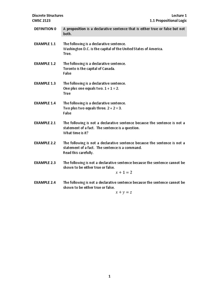 Discrete Structures CMSC 2123 1.1 Propositional Logic Definition 0 ...