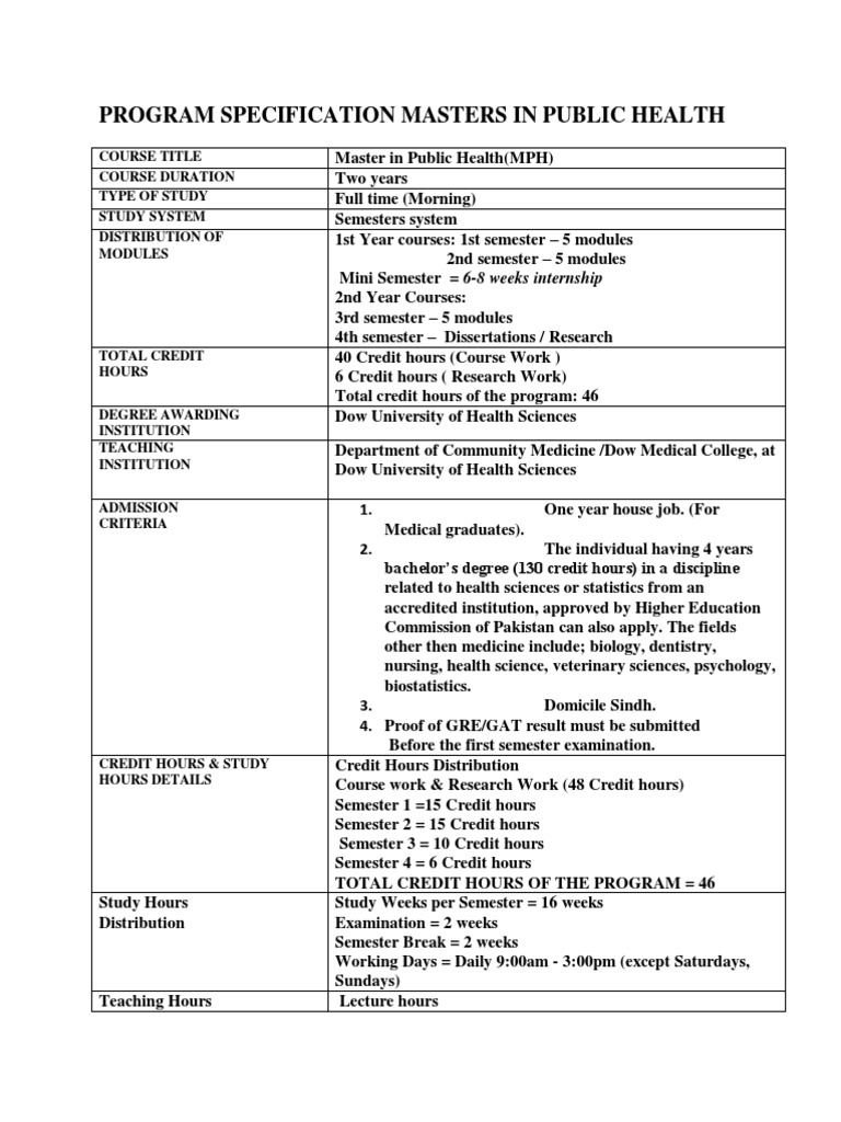 MPH Course Specification-20120206 PDF | PDF | Course Credit | Academic Term