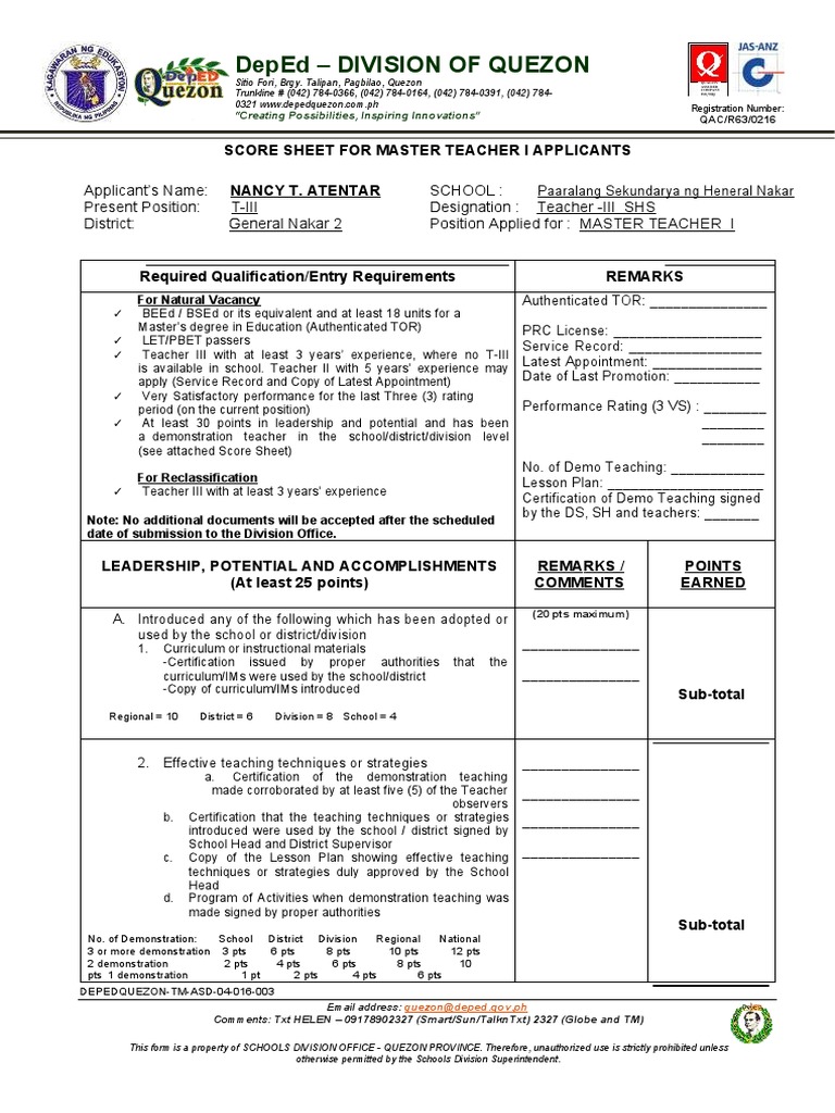 Deped - Division of Quezon: Score Sheet For Master Teacher I Applicants ...