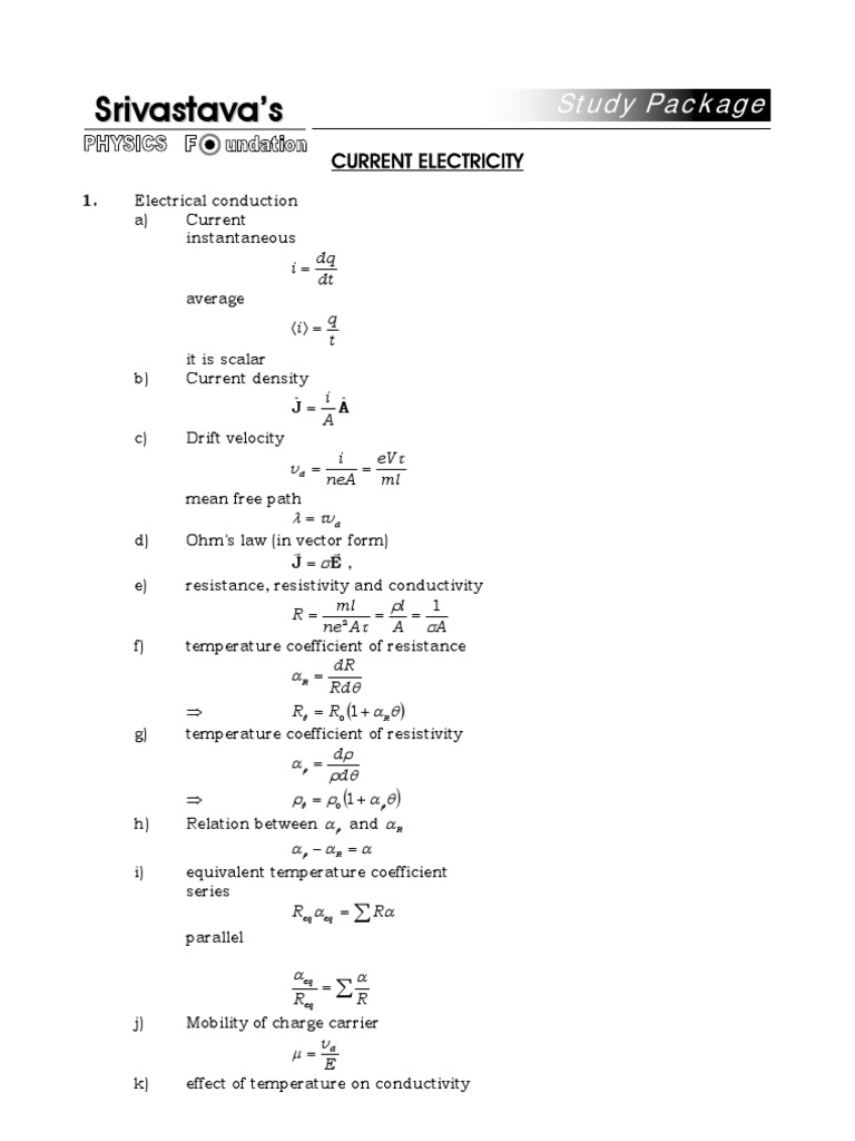 Current Electricity Formula Sheet | PDF | Electrical Resistivity And Conductivity | Materials ...