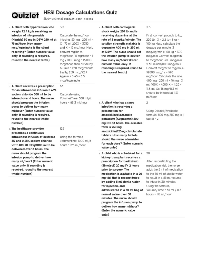 HESI Dosage Calculations Quiz | PDF | Dose (Biochemistry) | Chemistry