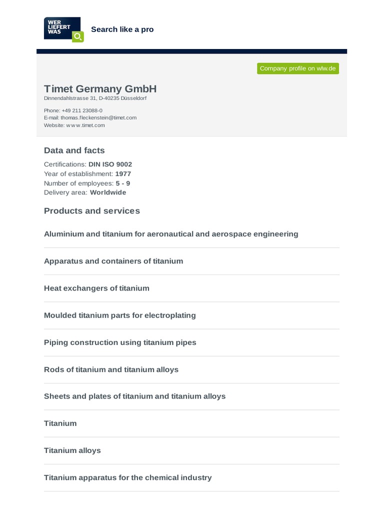 Timet Germany GMBH: Data and Facts | PDF | Art | Technology & Engineering