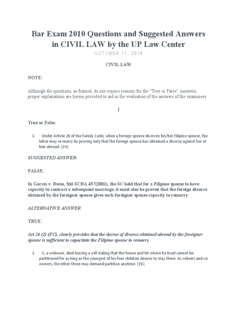 Bar Exam 2010 Questions and Suggested Answers in CIVIL LAW by The UP ...