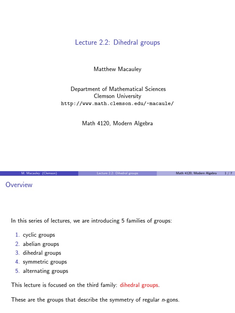 Lecture 2.2: Dihedral Groups: Matthew Macauley | PDF | Mathematical ...
