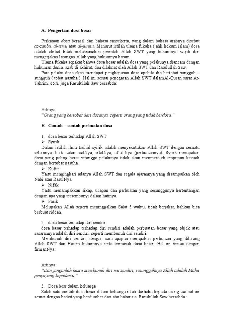 Dosa Besar dalam Islam: Pengertian dan Contoh | PDF