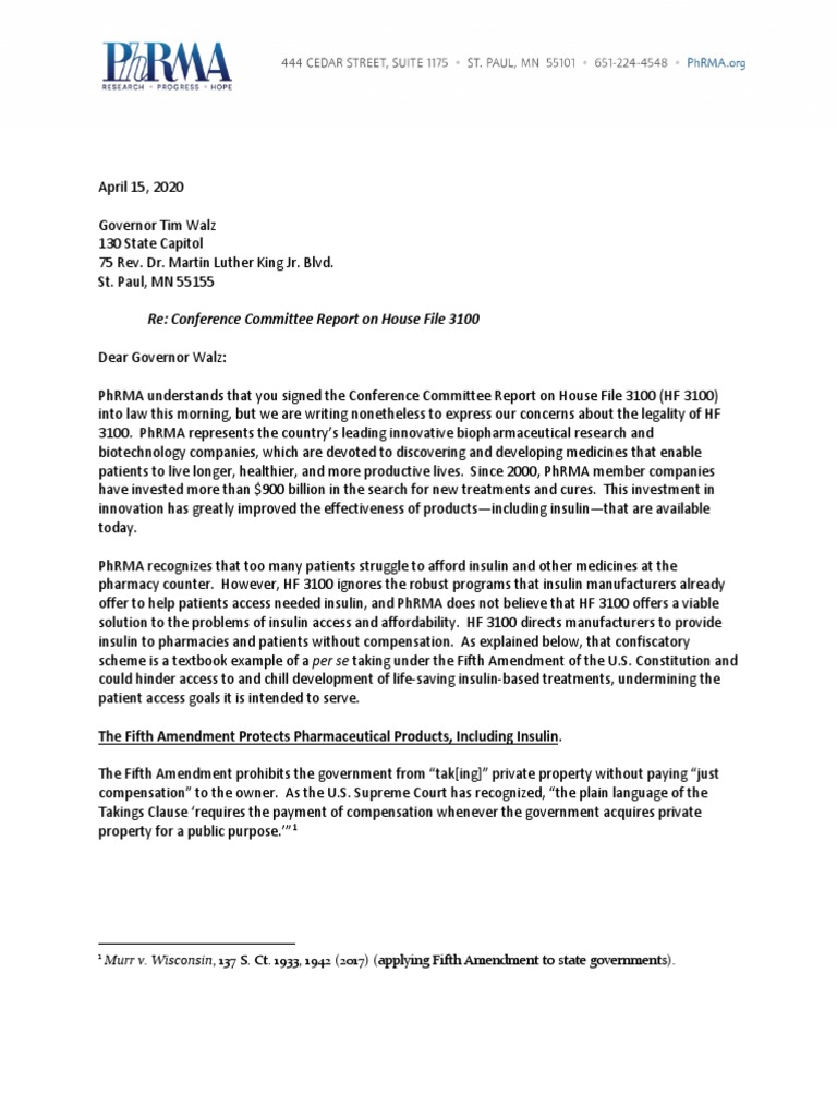 PhRMA Letter To Gov. Walz | PDF | Pharmaceutical Industry | Fifth ...