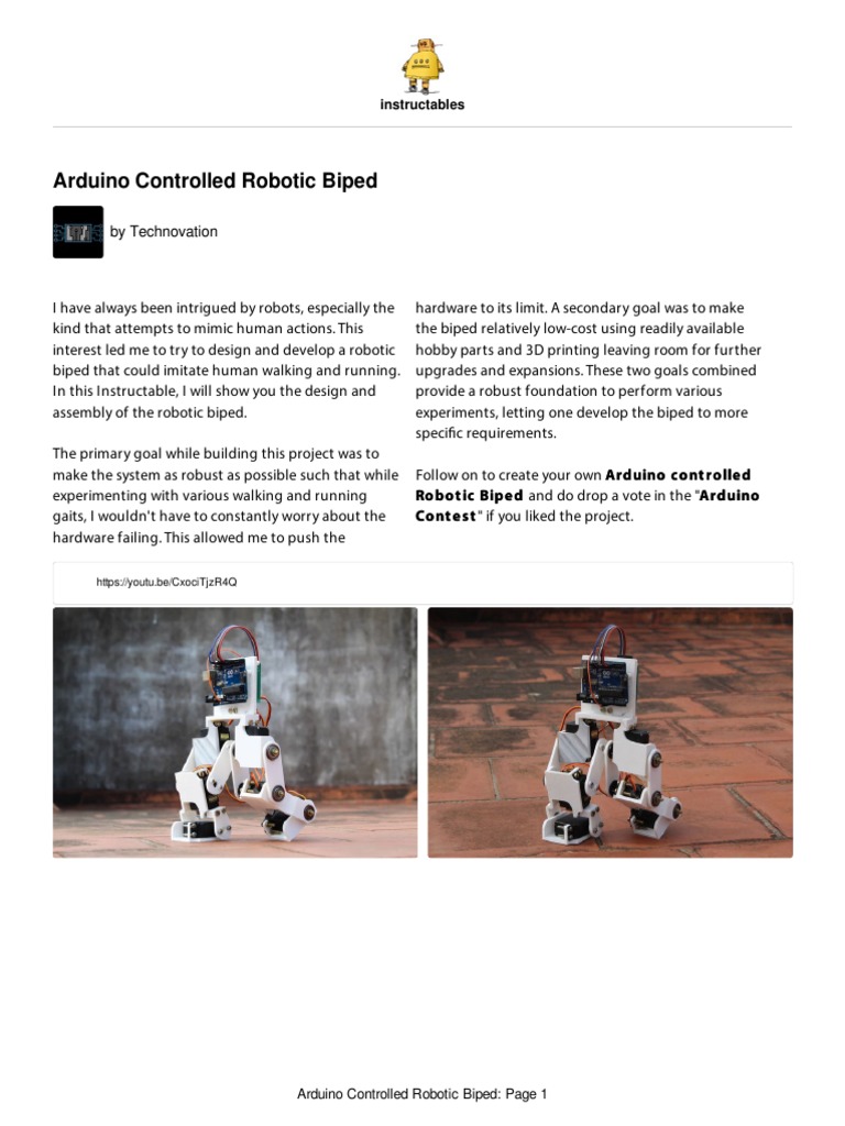 Arduino Controlled Robotic Biped: Design and Assembly of a Low-Cost ...