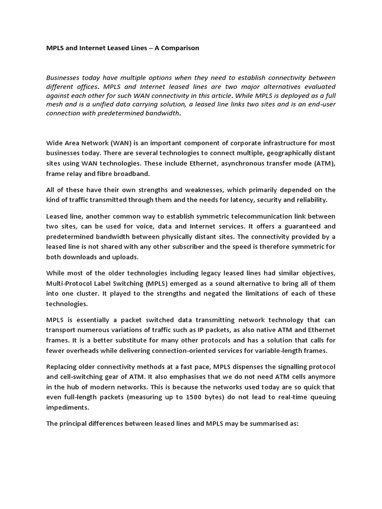MPLS and Internet Leased Lines - A Comparison | PDF | Multiprotocol ...