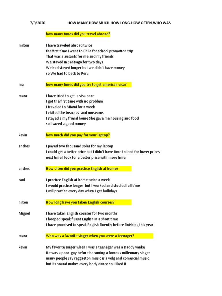 How Many-How Much-How Long-How Often-Who Was | PDF