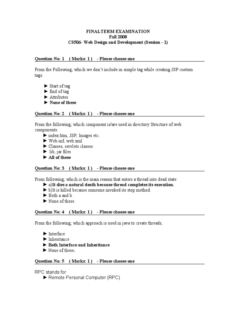 CS506 Old Paper | Download Free PDF | Class (Computer Programming) | Java Server Pages