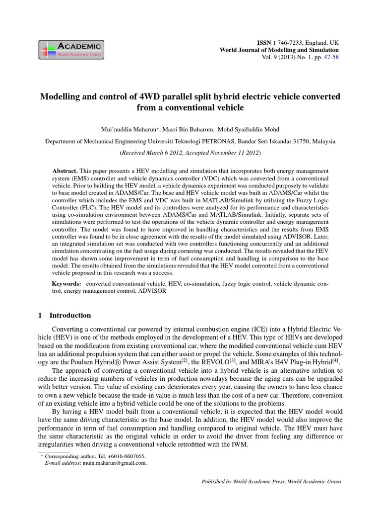 Modelling and Control of 4WD Parallel Split Hybrid Electric Vehicle ...