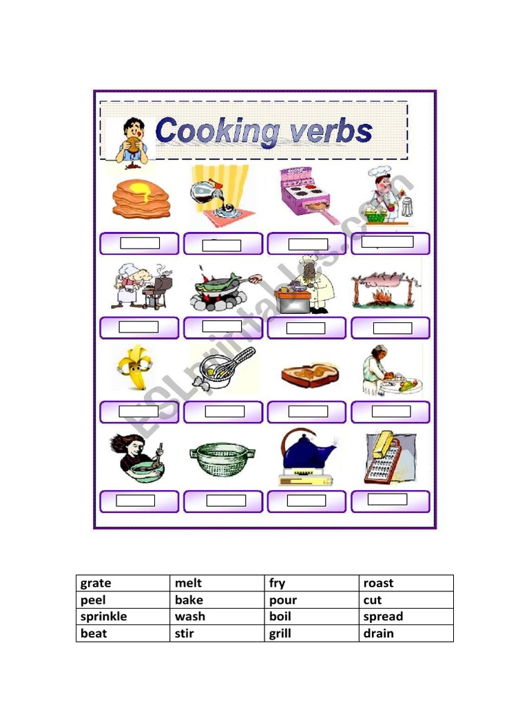 Grate Melt Fry Roast Peel Bake Pour Cut Sprinkle Wash Boil Spread Beat ...