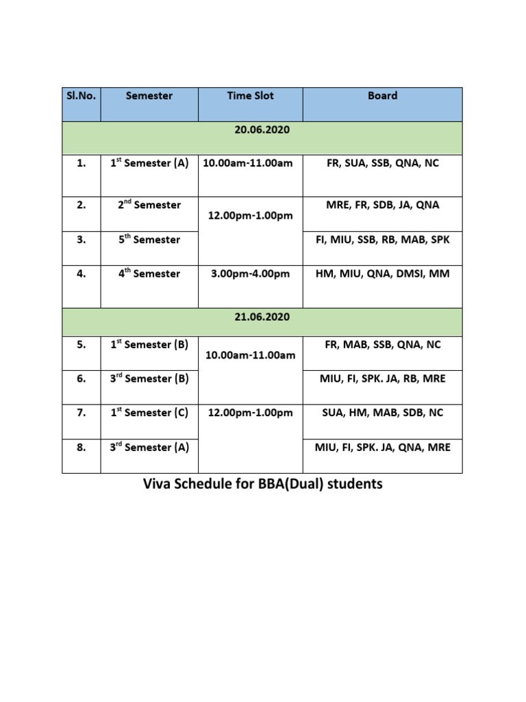 Viva Schedule For BBA | PDF