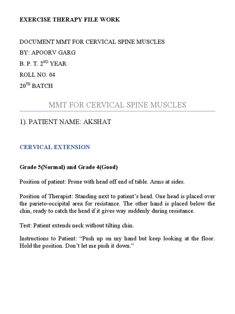 MMT For Cervical Spine Muscles: 1) - Patient Name: Akshat | PDF ...