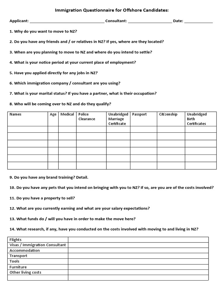Immigration Questionnaire For Offshore Candidates | PDF | Immigration ...