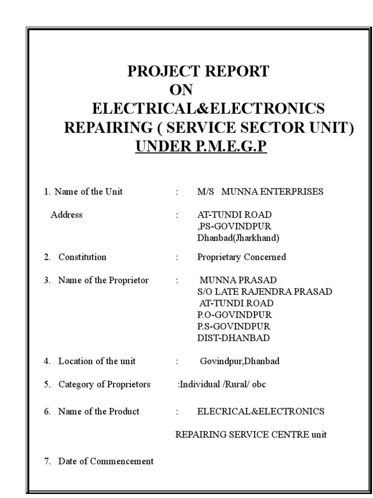 Project Report ON Electrical&Electronics Repairing (Service Sector Unit ...