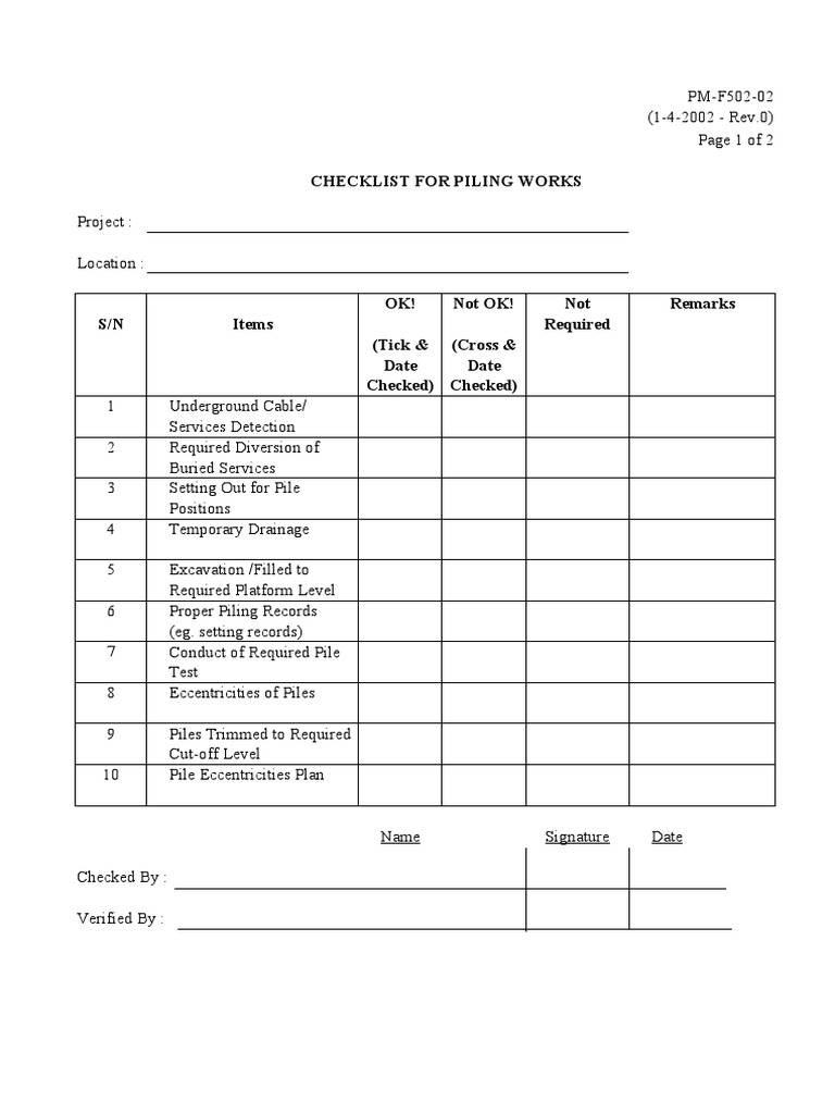Checklist For Piling Works | PDF