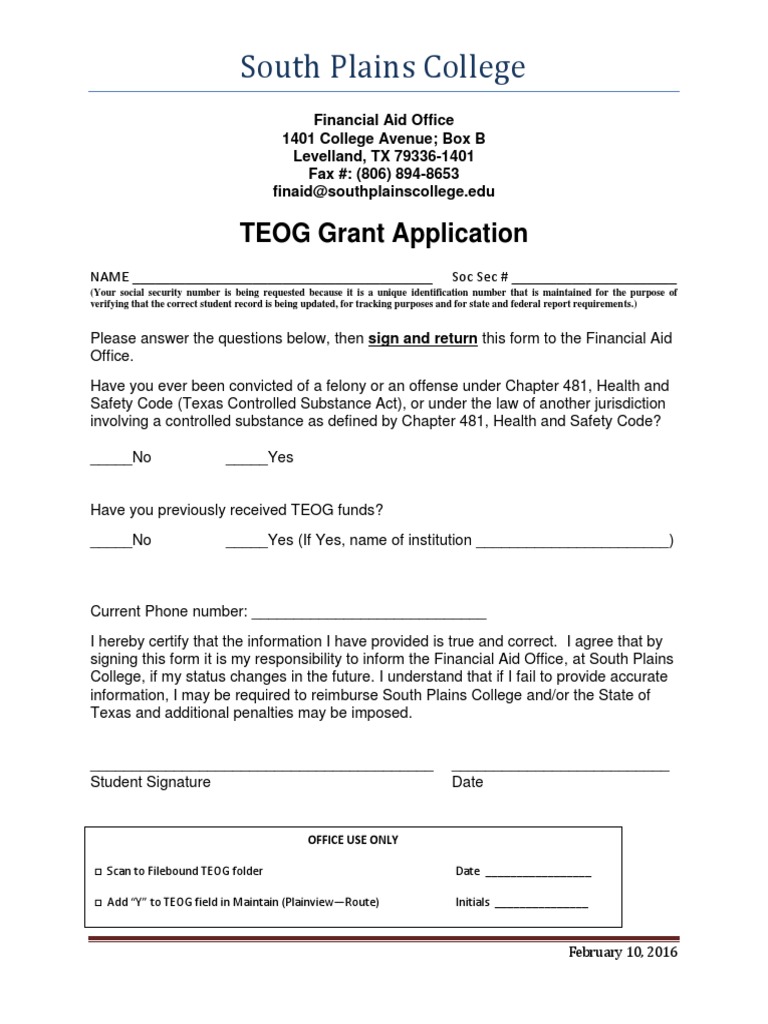 South Plains College: TEOG Grant Application | PDF