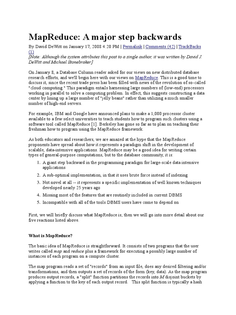 Mapreduce: A Major Step Backwards: Permalink Comments (42) Trackbacks ...