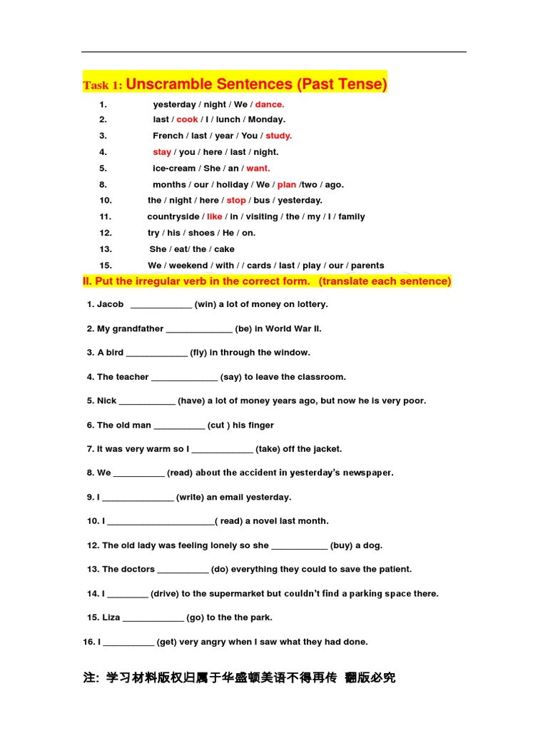 Jumbled Sentences Paast Simple Class 29 - 5 - 20 | PDF