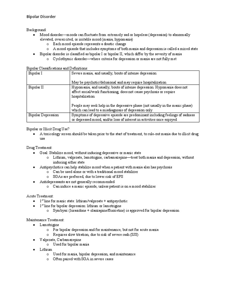 Bipolar Disorder Notes | PDF | Mania | Bipolar Disorder