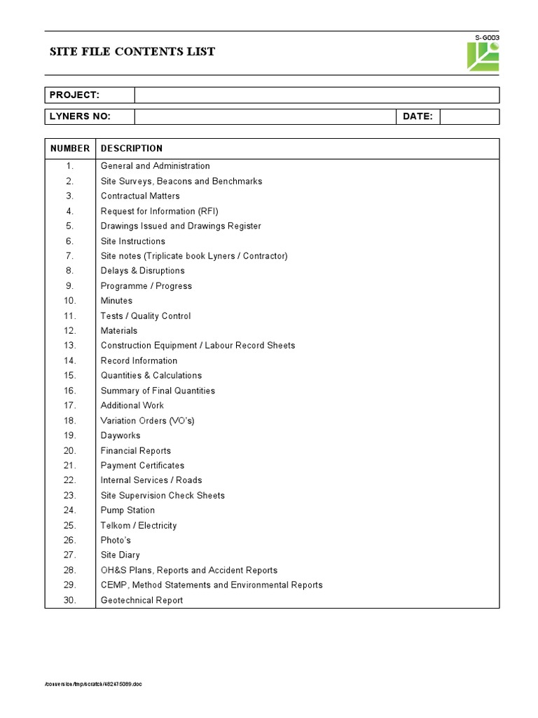 S-G003 Site File Contents List | PDF