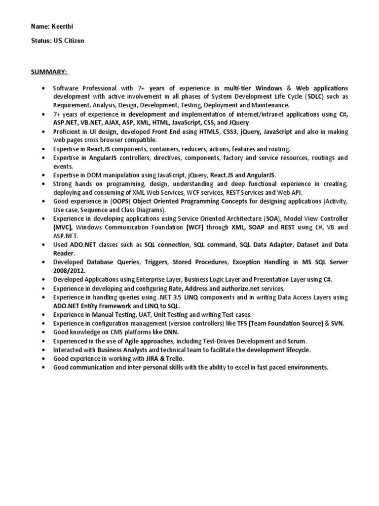 Summary:: Name: Keerthi Status: US Citizen | PDF | Angular Js | Ajax (Programming)